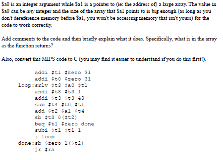 Solved $a0 is an integer argument while $a1 is a pointer to | Chegg.com