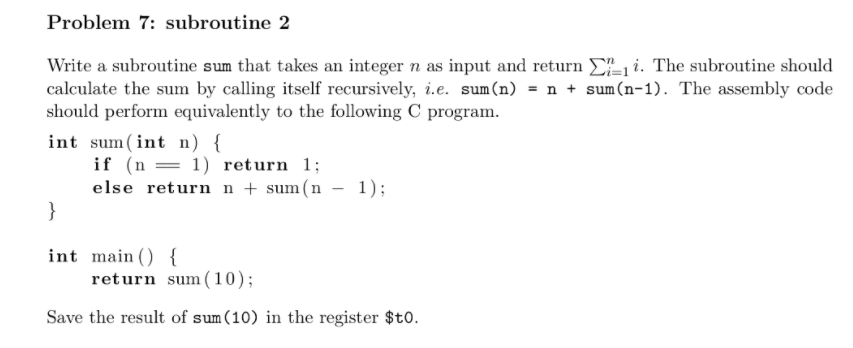 Solved Problem 7: subroutine 2 Write a subroutine sum that | Chegg.com
