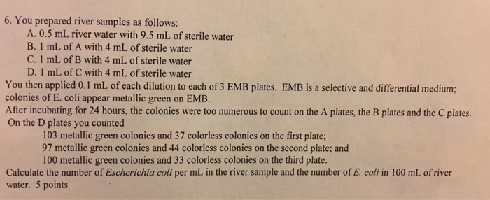 Solved You prepared river samples as follows: 0.5 mL river | Chegg.com