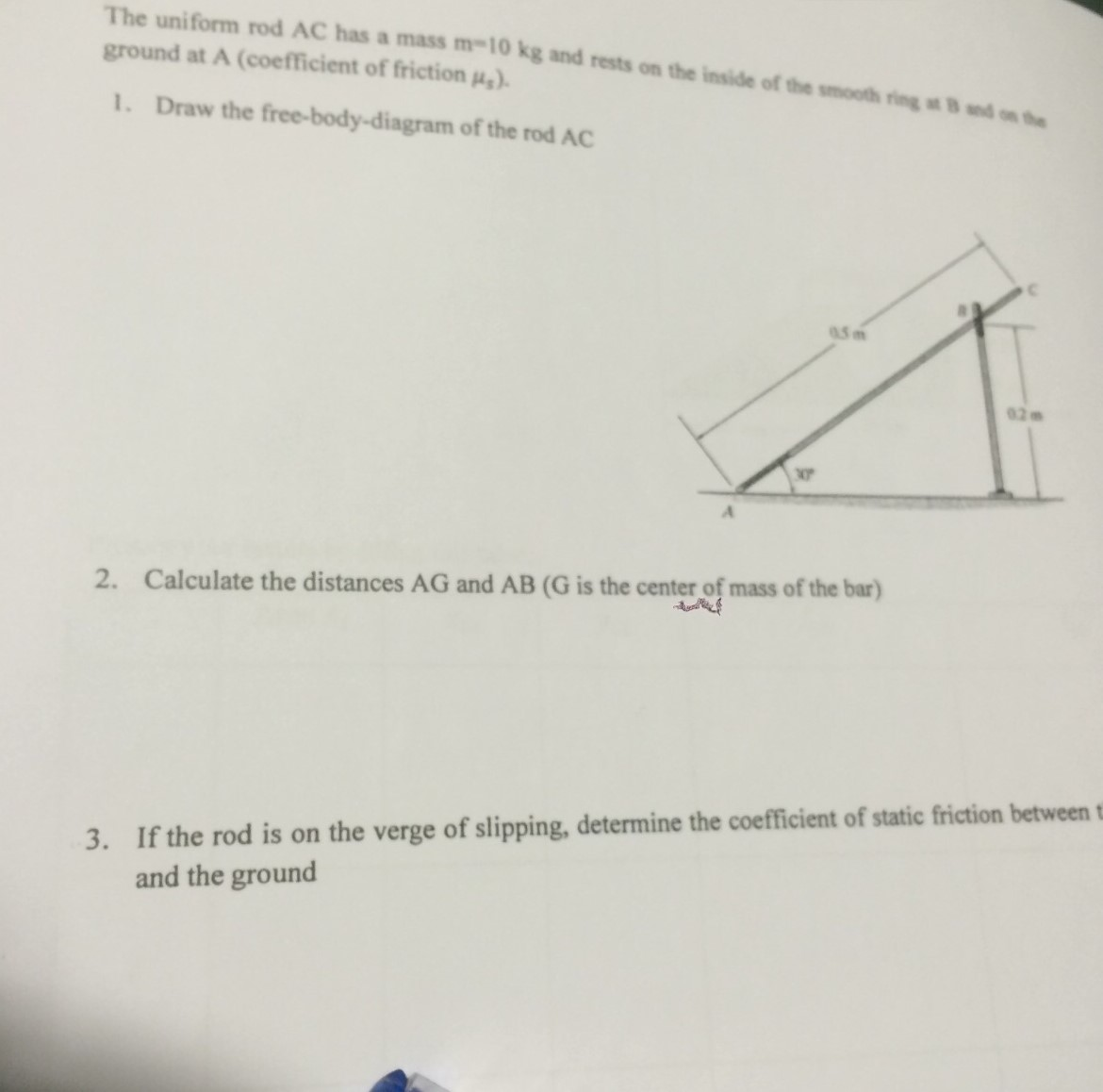 Solved The uniform rod AC has a mass m_10 kg and rests on | Chegg.com