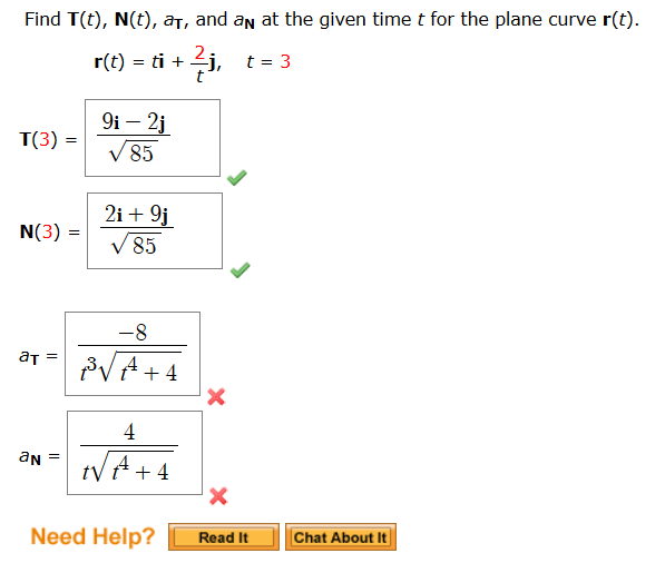 Solved Find T(t), N(t), a_T and a_N at the given time t for | Chegg.com