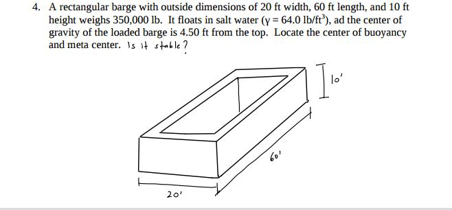 Solved A rectangular barge with outside dimensions of 20 ft | Chegg.com