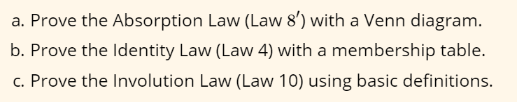 Solved a. Prove the Absorption Law (Law 8') with a Venn | Chegg.com Solved a. Prove the Absorption Law (Law 8') with a Venn | Chegg.com