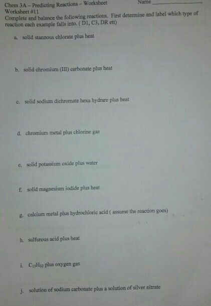 Solved Chem 3A - Predicting Reactions- Worksheet Worksheet | Chegg.com