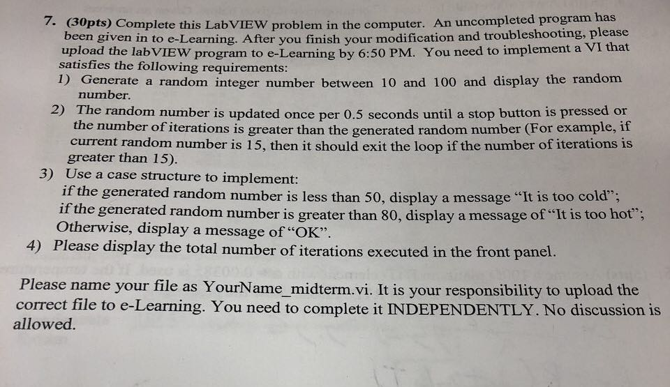 7. 30pts) Complete this LabVIEW problem in the | Chegg.com
