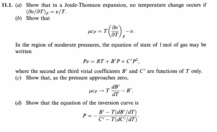 Solved 11.1. (a) Show that in a Joule-Thomson expansion, no | Chegg.com