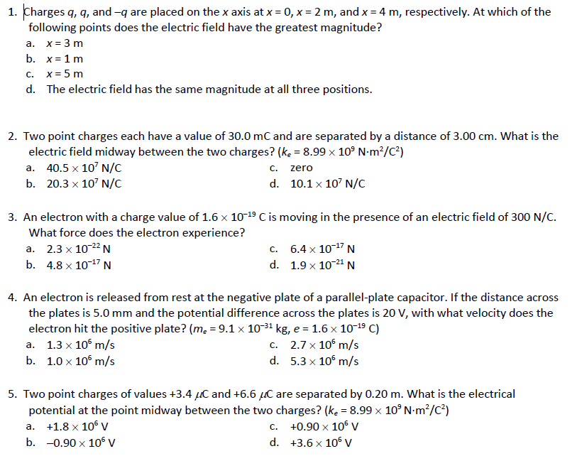 Solved 1. charges q, q, and-q are placed on the x axis at x | Chegg.com