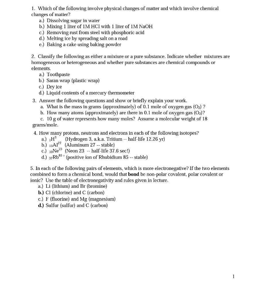 Solved 1. Which of the following involve physical changes of | Chegg.com