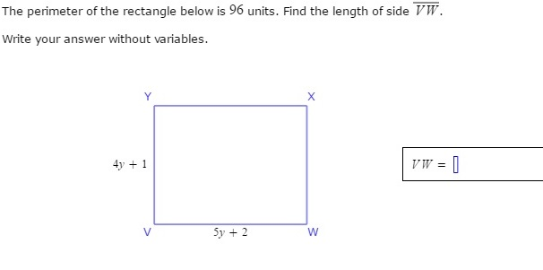 Solved The perimeter of the rectangle below is 96 units. | Chegg.com
