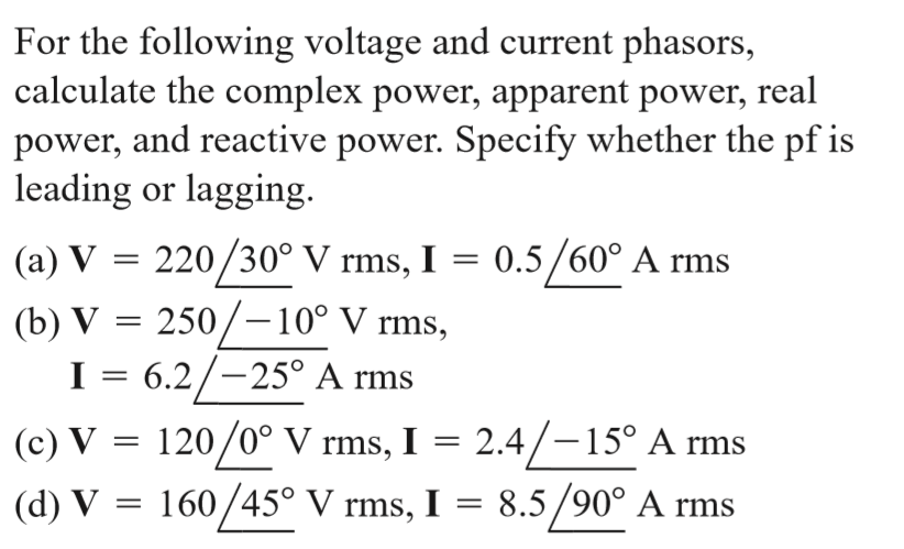 Solved For the following voltage and current phasors, | Chegg.com