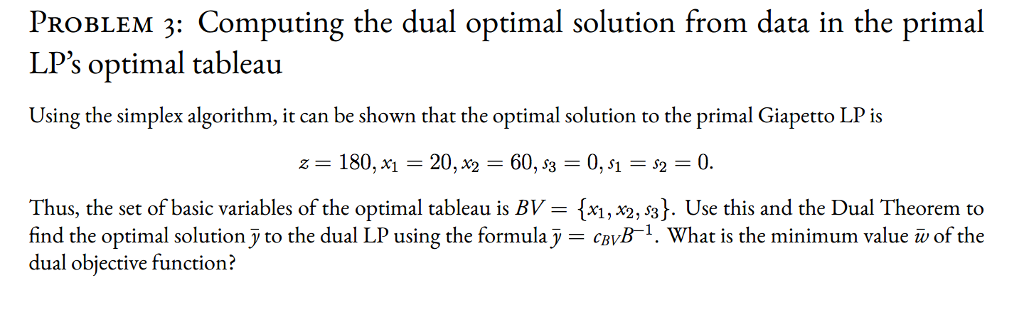 Computing the dual optimal solution from data in the | Chegg.com