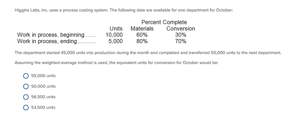 Solved Higgins Labs, Inc. uses a process costing system. The | Chegg.com