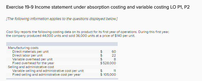 Solved Exercise 19-9 Income statement under absorption | Chegg.com