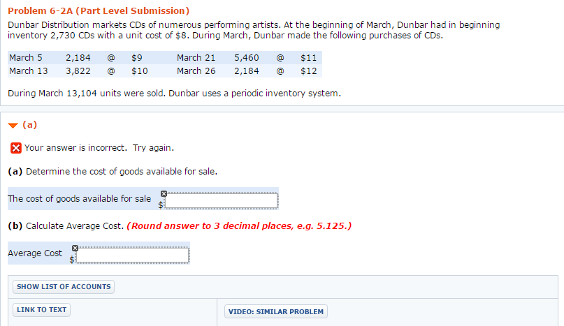 Solved Problem 6-2A (Part Level Submission) Dunbar | Chegg.com