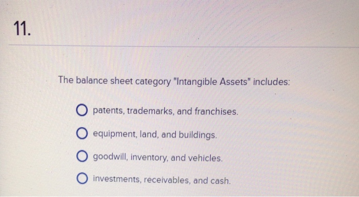 Solved The balance sheet category "Intangible Assets" | Chegg.com
