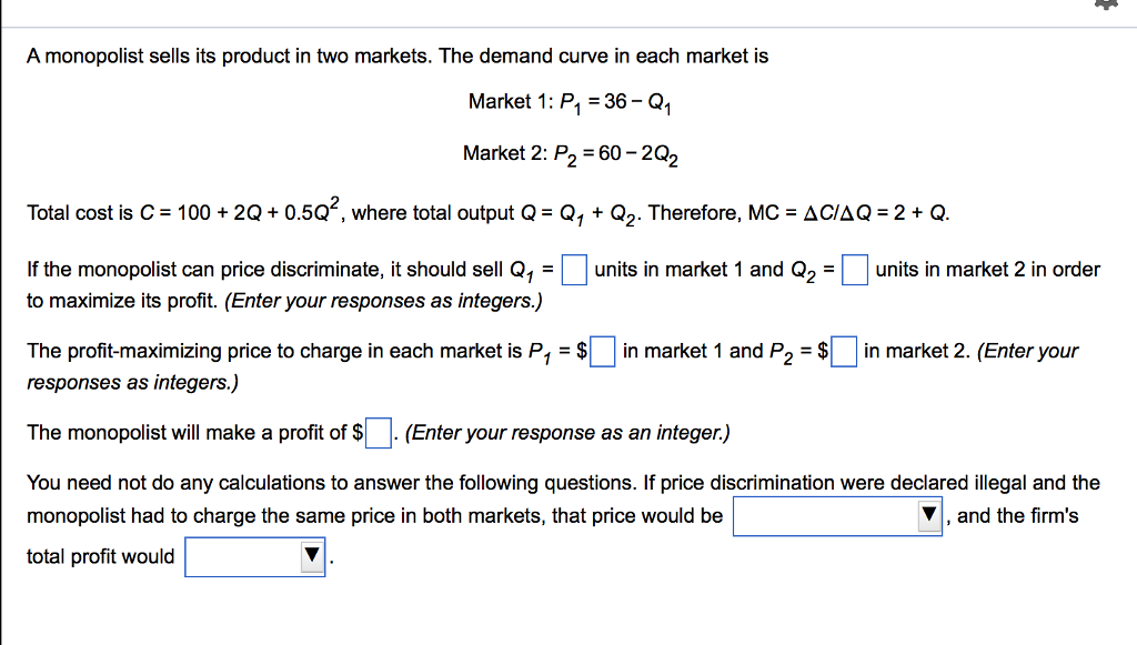Solved A monopolist sells its product in two markets. The | Chegg.com