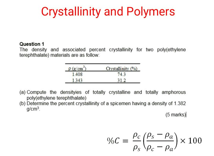 Solved Crystallinity and Polymers Question 1 The density and | Chegg.com