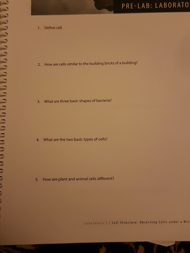 Solved PRE-LAB: LABORATO 1. Define cell 2. How are cells | Chegg.com