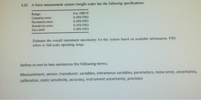Solved A force measurement system (weight scale) has the | Chegg.com