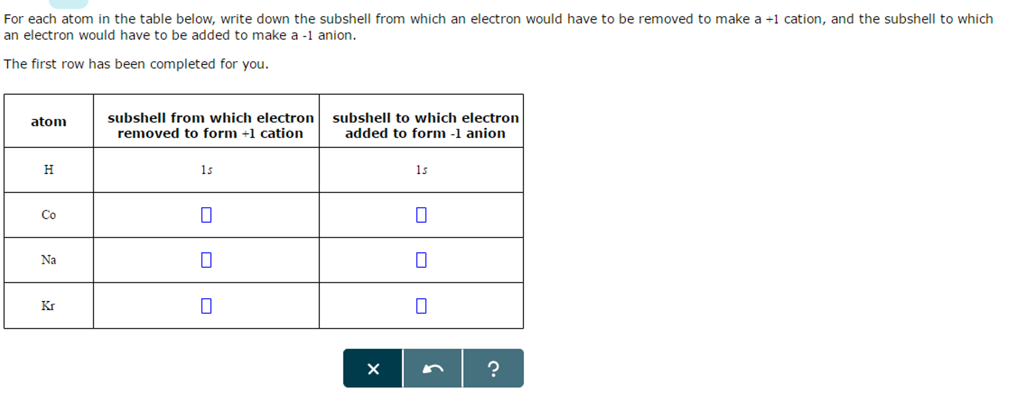 Solved For each atom in the table below, write down the | Chegg.com