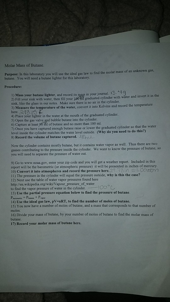Solved Molar Mass of Butane. Purpose: In this laboratory you | Chegg.com