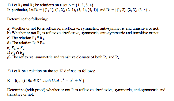 Solved Let R_1 and R_2 be relations on a set A = {1, 2, 3, | Chegg.com