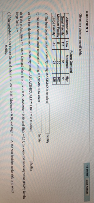 Solved Given is a decision payoff table. The best decision | Chegg.com