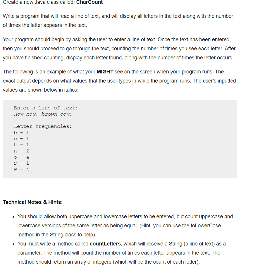 Solved Create a new Java class called: CharCount Write a | Chegg.com