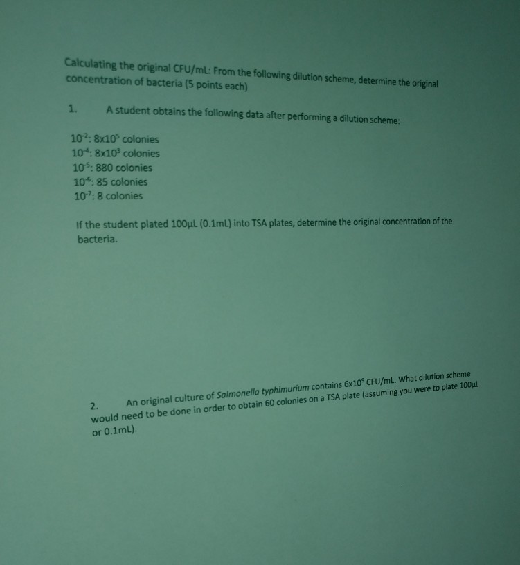 Solved Calculating the original CFU/ml: From the following | Chegg.com