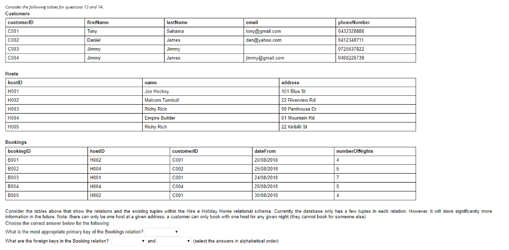 Solved Consider the follawing tobfas for questions 13 and | Chegg.com
