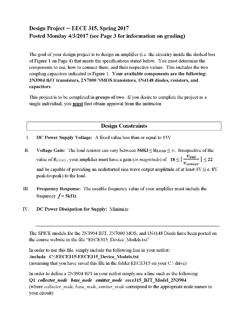 Design Project EECE 315, Spring 2017 Posted Monday | Chegg.com