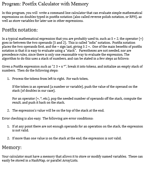 Solved Program: Postfix Calculator with Memory In this | Chegg.com