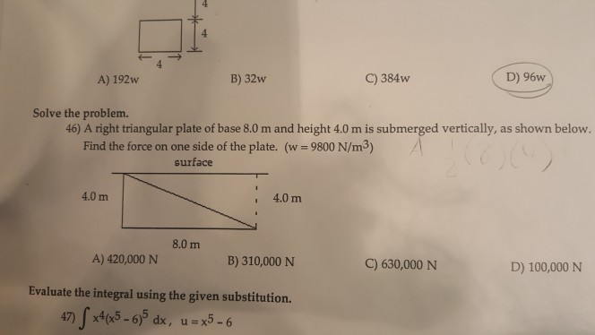 Solved A) 192w B) 32w C) 384w D) 96w Solve the problem. 46) | Chegg.com