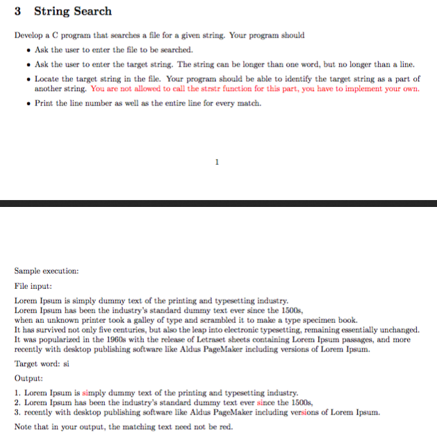 Solved 3. String Search. Develop a C code that searches a | Chegg.com