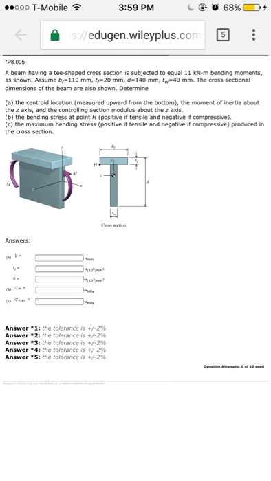Solved A beam having a tee-shaped cross section is subjected | Chegg.com