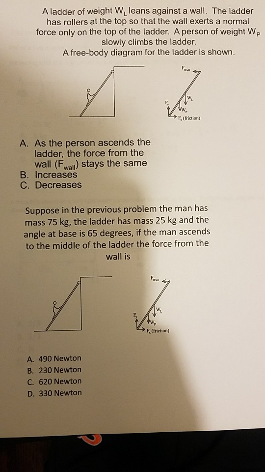 Solved A ladder of weight W leans against a wall. The ladder | Chegg.com