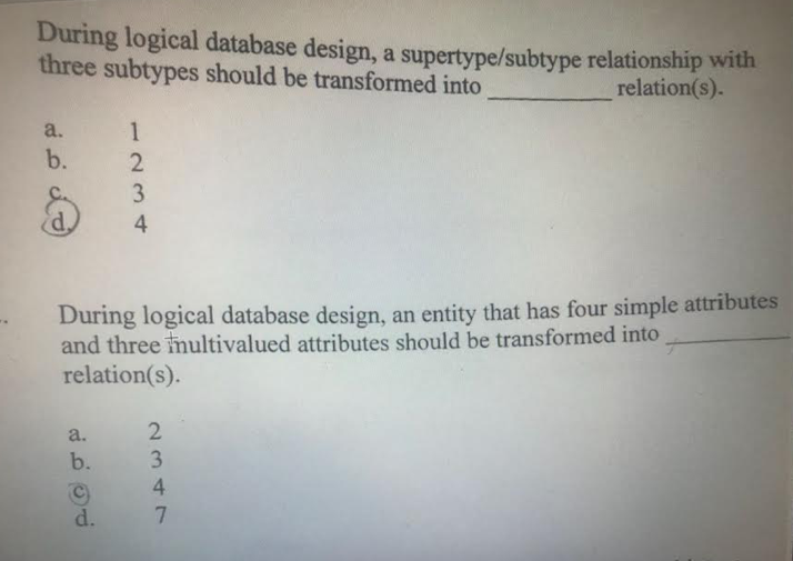 During logical database design, a supertype/subtype | Chegg.com