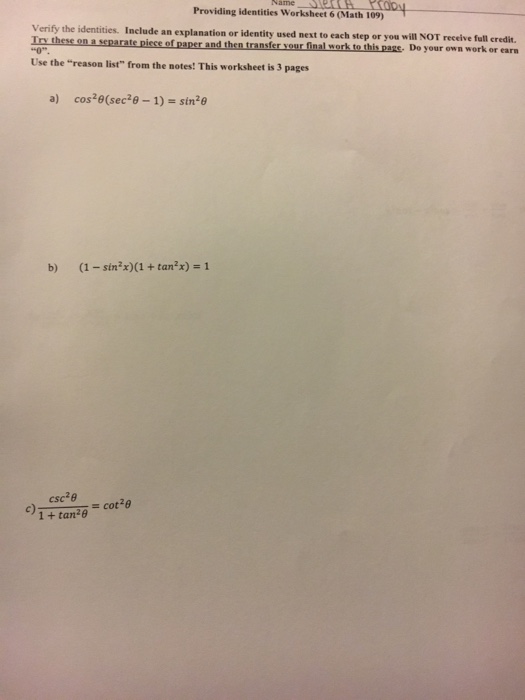 Solved Providing identities Worksheet 6 (Math 109) Verify | Chegg.com