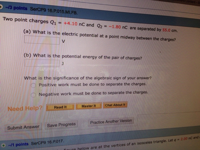 Solved Two point charges Q1 =at +4.10 nC and Q2= -1.80 nC | Chegg.com