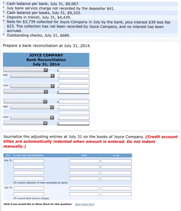 Solved 1. Cash balance per bank, July 31, $9,067. July bank | Chegg.com