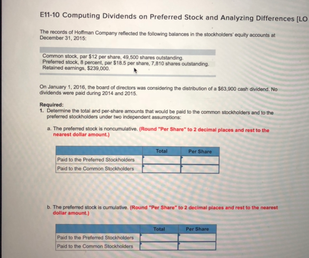 Solved E11-10 Computing Dividends on Preferred Stock and | Chegg.com