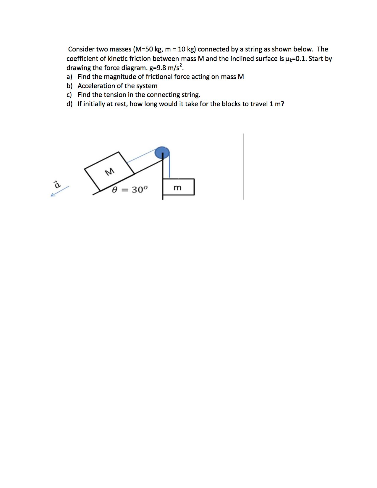 Solved Consider two masses (M=50 kg, m = 10 kg) connected by | Chegg.com