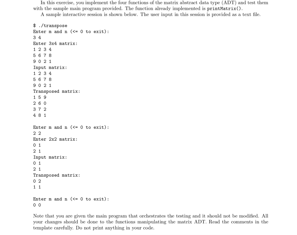 Solved Exercise 1. Matrix Transposition (50 points) Matrices | Chegg.com