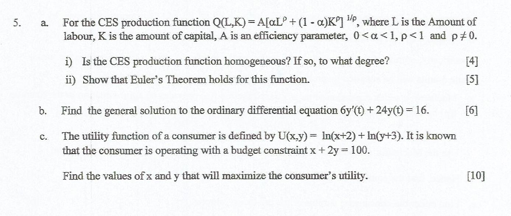 Solved For the CES production function Q(L, K) = A[alpha | Chegg.com