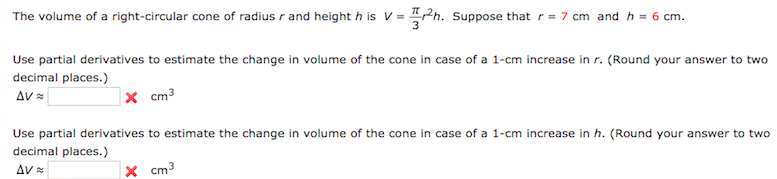 Solved The volume of a right-circular cone of radius r and | Chegg.com