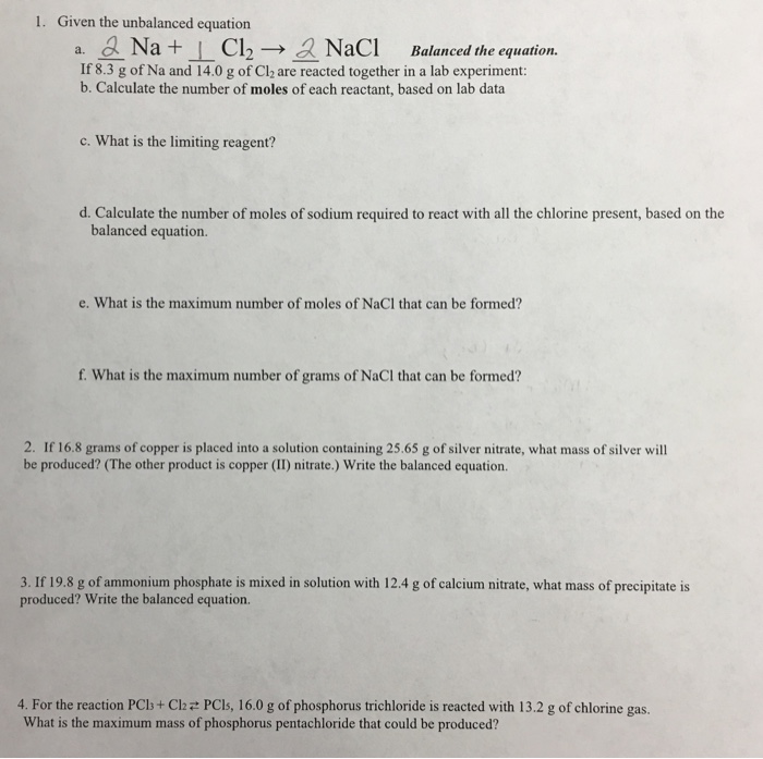 Solved Given the unbalanced equation a. Na + CI_2 | Chegg.com