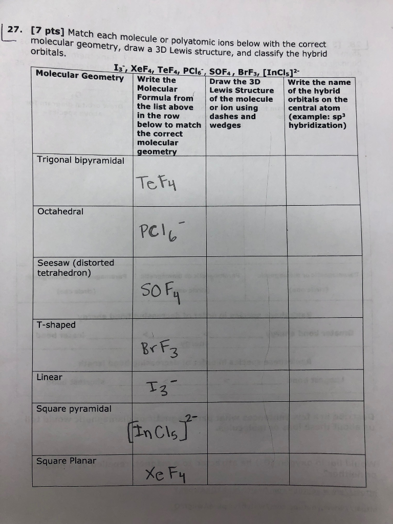 Solved 27. [7 pts] Match each molecule or polyatomic ions | Chegg.com