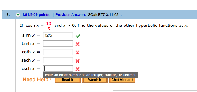 Solved If cosh x = 13/5 and x > 0, find the values of the | Chegg.com