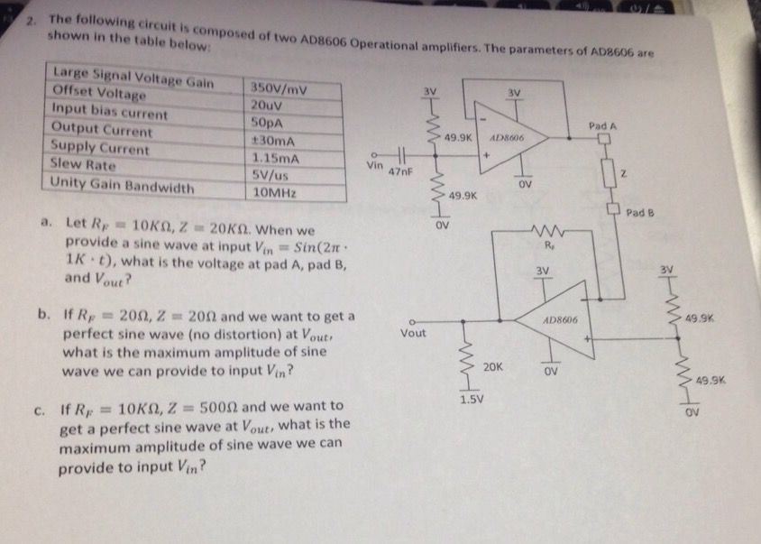 Solved 2. The following circuit is composed of two AD8606 | Chegg.com