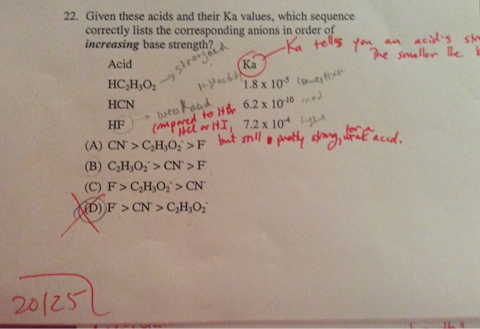 Solved 22. Given these acids and their Ka values, which | Chegg.com